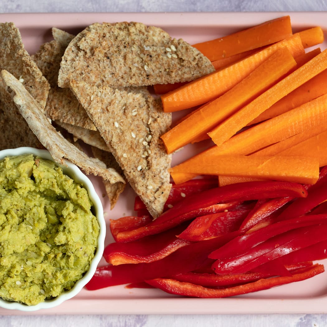 Homemade pitta crisps and pea hummus | easyFood