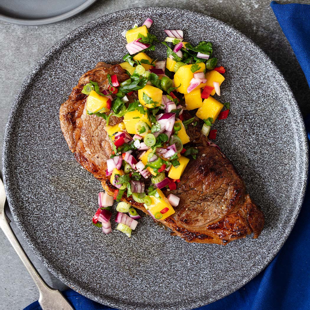 Honey soy steaks with mango chilli salsa recipe | easyFood